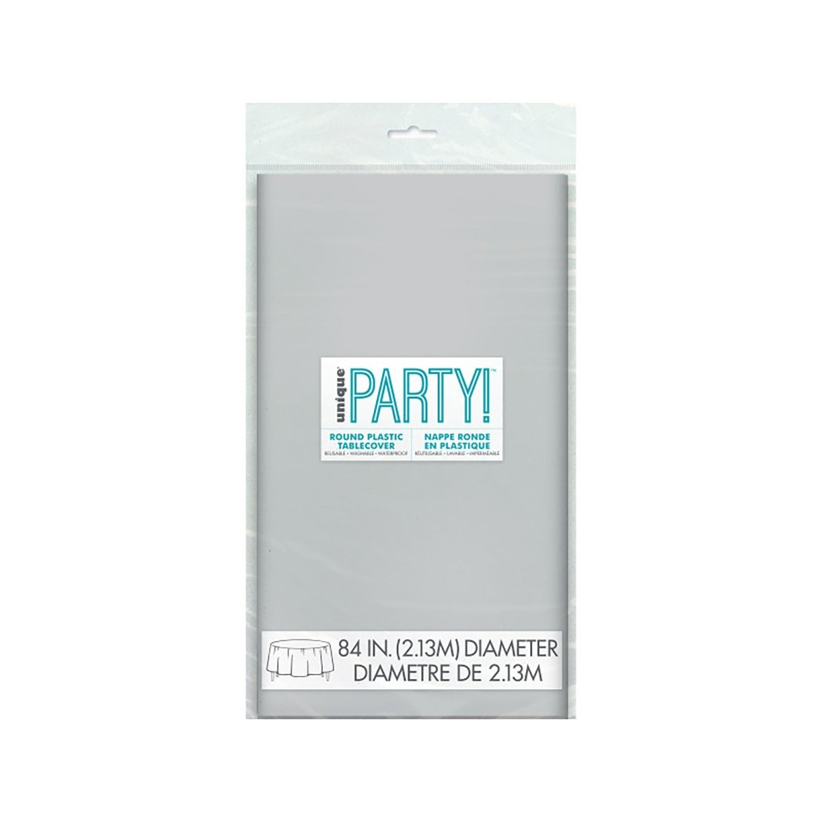 Silver Round Plastic Tablecover, 84 Inches, 1 Count | Party Expert