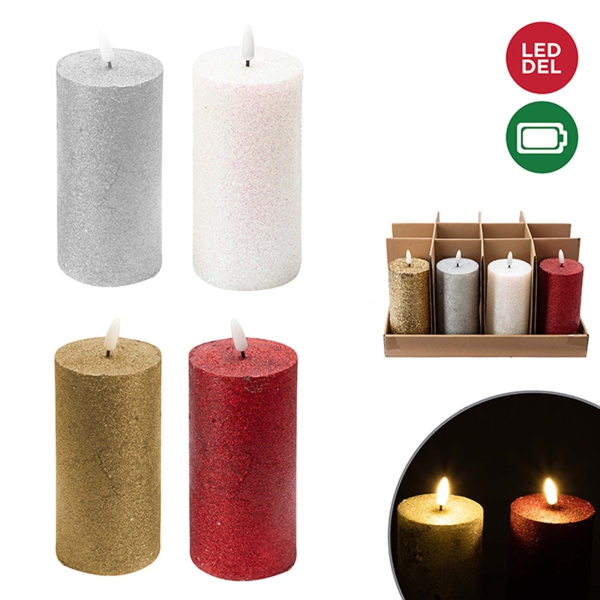 Flickering Flame Glittered Plastic Pillar Candle | Party Expert