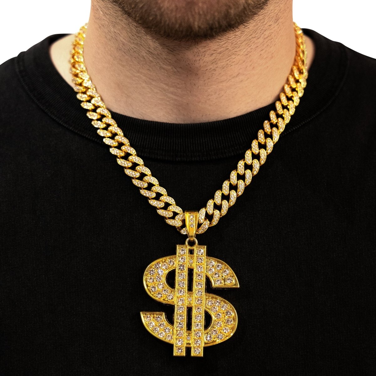 Chaîne courte avec pendentif en signe de dollar dorée | Party Expert