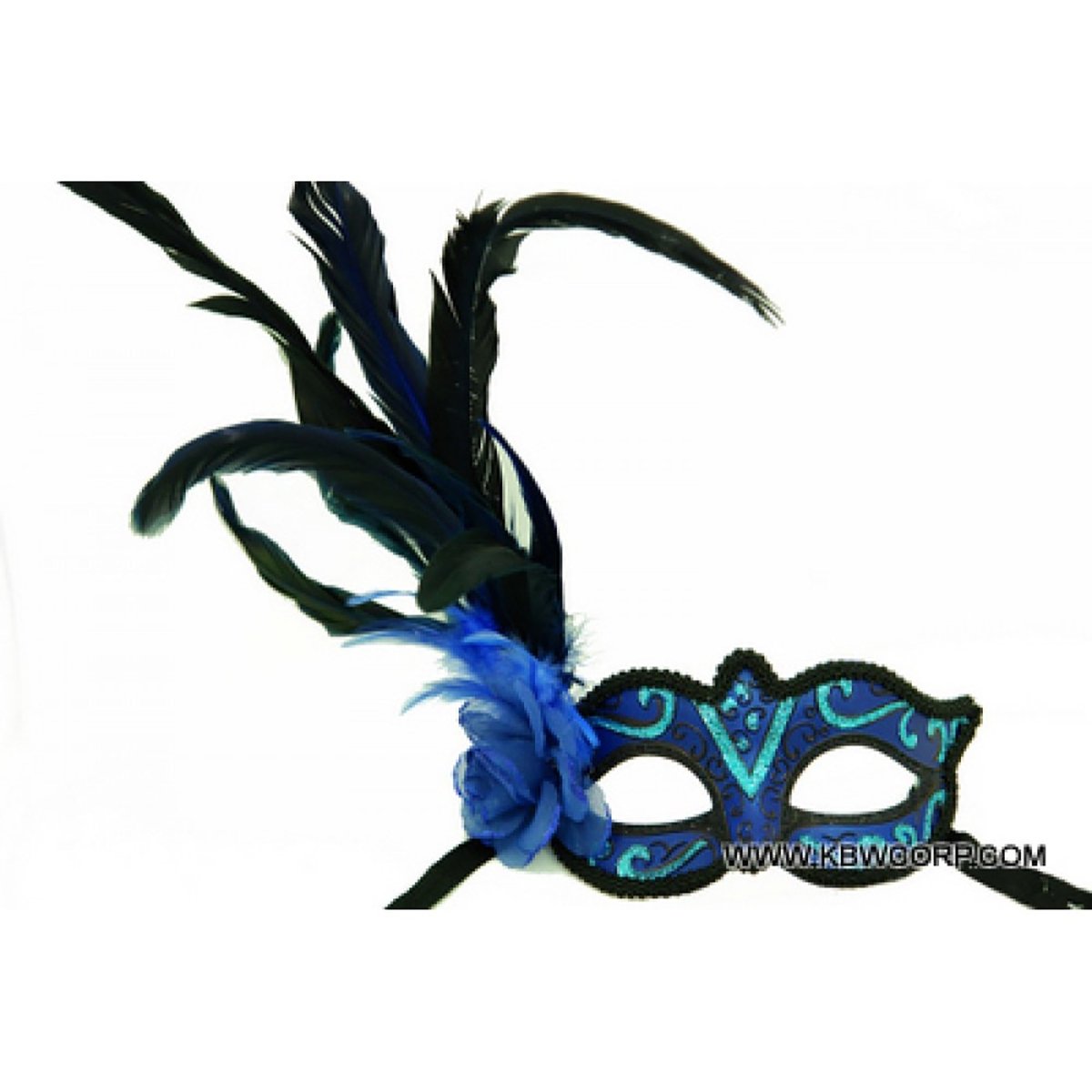Blue Flower Venetian Mask with Feather, 1 Count | Party Expert