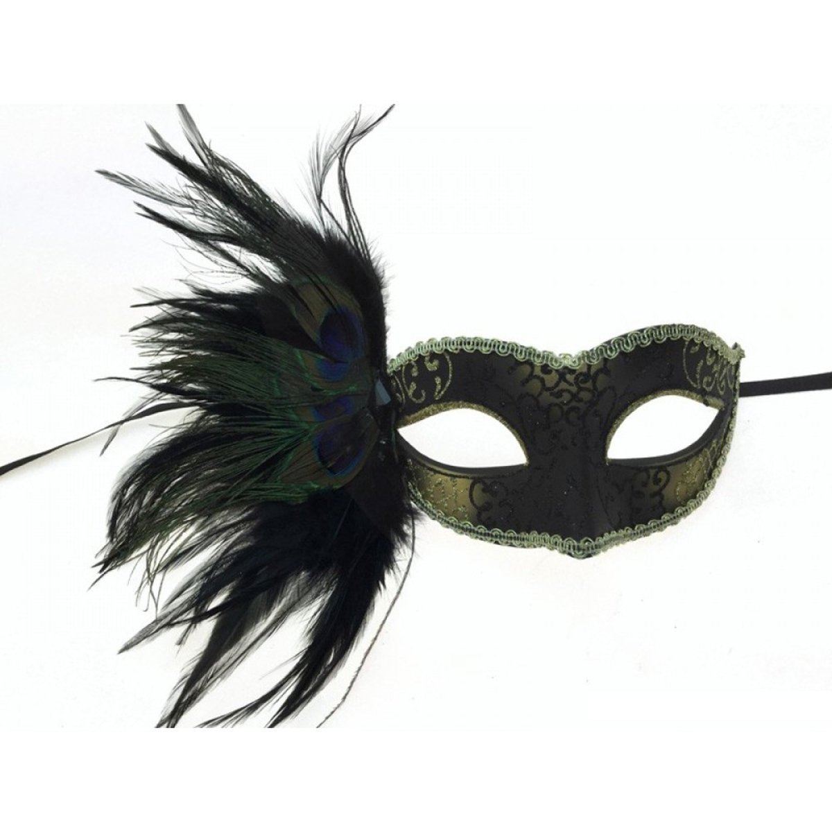 Black and Gold Venetian Mask with Side Feather | Party Expert