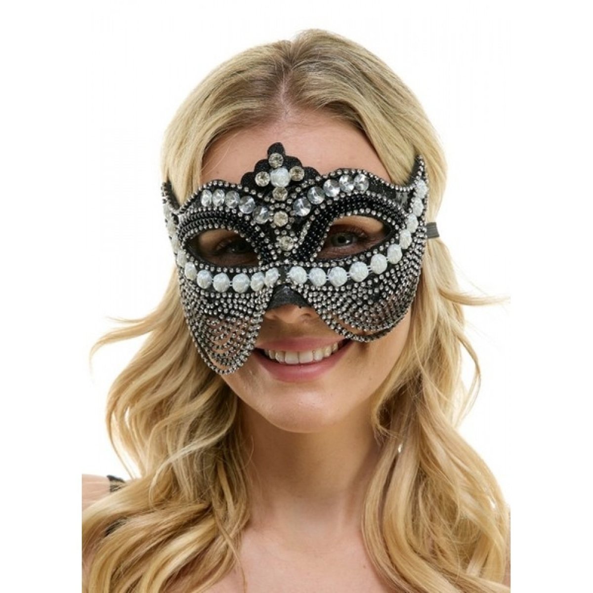 Black Venetian Mask with Chains and Pearls, 1 Count | Party Expert