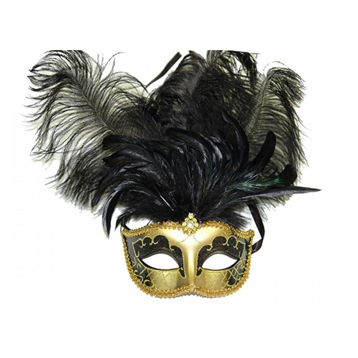 Gold and Black Venetian Mask with Ostrich Feathers | Party Expert
