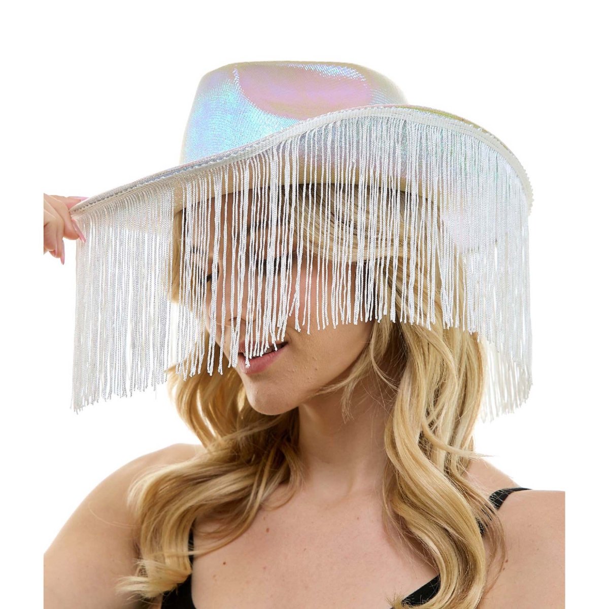 Iridescent White Cowboy Hat with Fringe for Adults | Party Expert