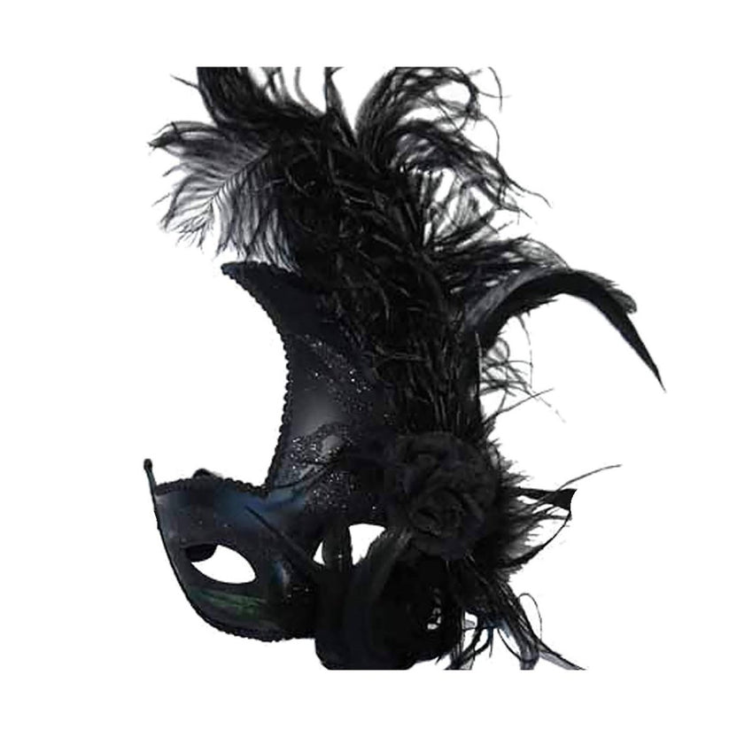 Black Venetian Mask With Ostrich Feather, 1 count | Party Expert