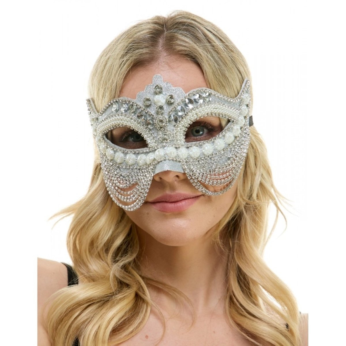 White Venetian Mask with Chains and Pearls, 1 Count | Party Expert