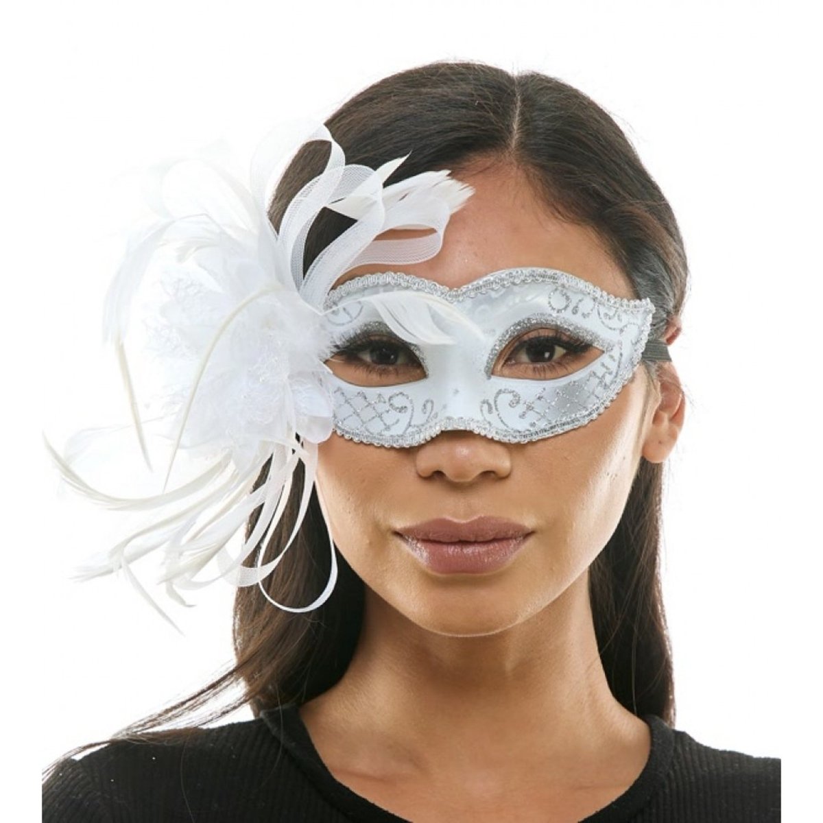 White Venetian Mask with Side Feathers | Party Expert