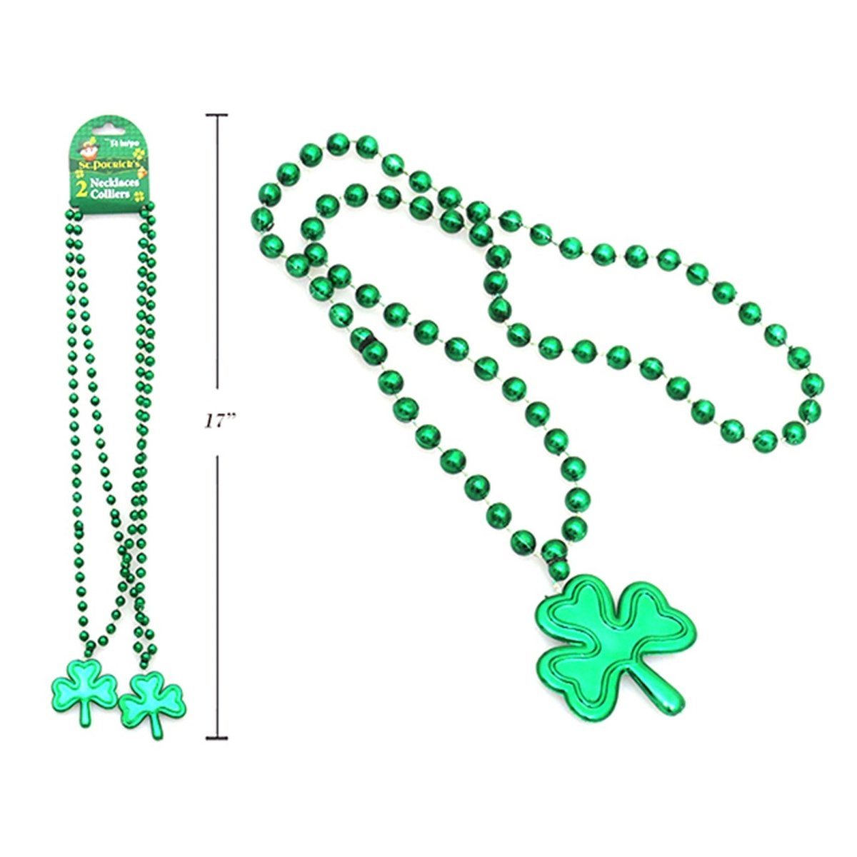 St-Patrick's Green Beaded Shamrock Necklaces, 32 Inches | Party Expert