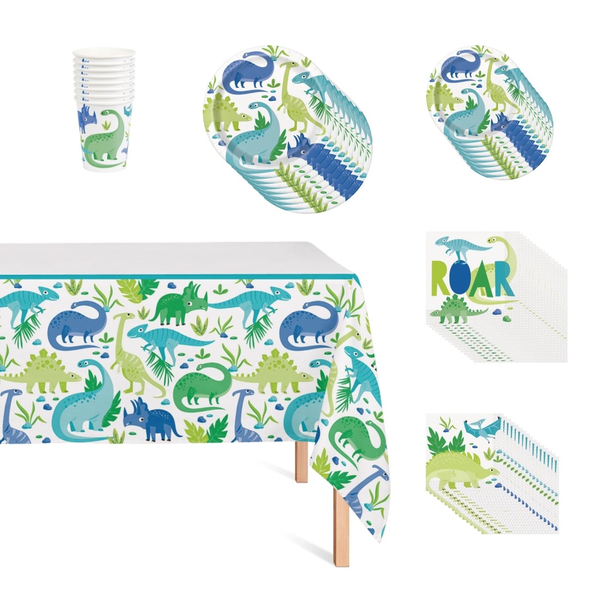 Blue and Green Dinosaurs Basic Tableware Birthday Party Supplies Kit – Party Expert