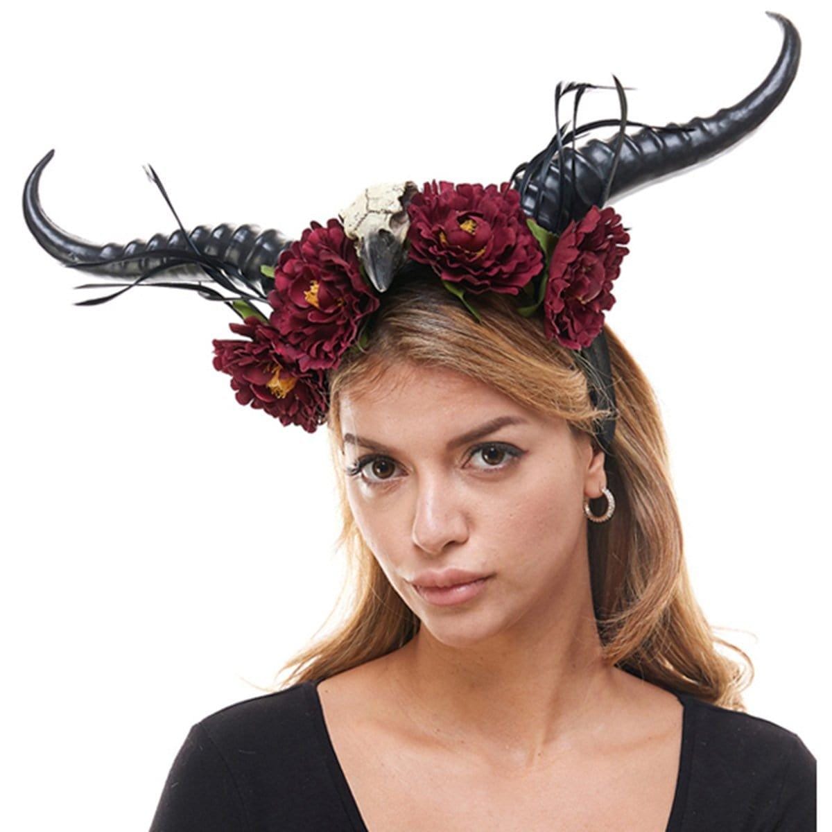 Black & Red Horn Headpiece with Bird & Flower | Party Expert