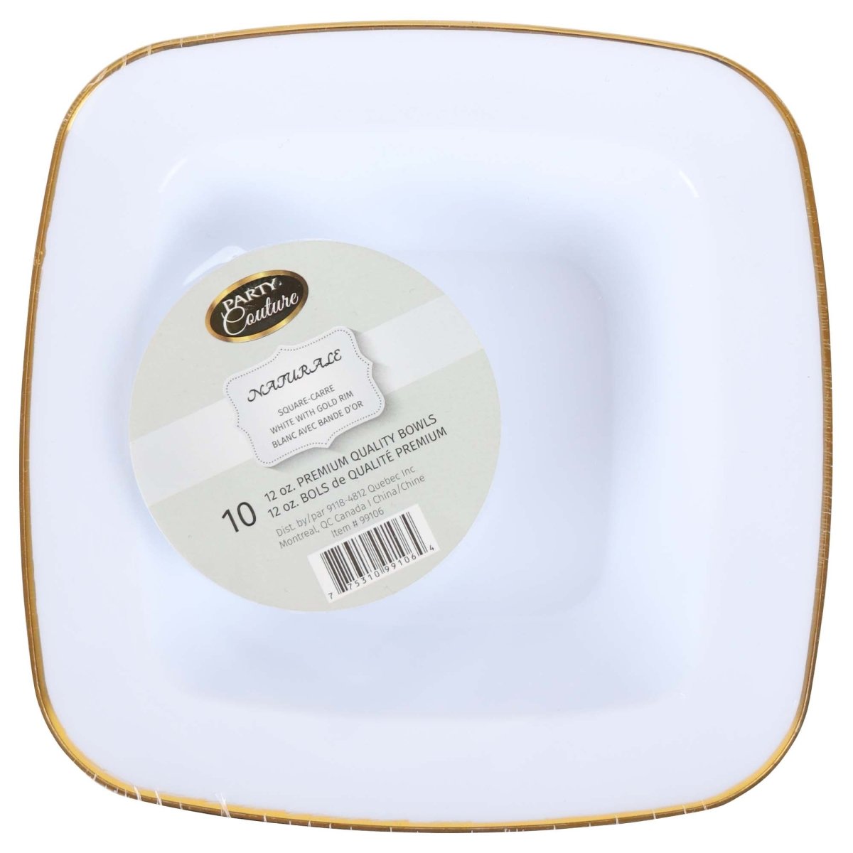 White Premium Quality Square Bowls with Gold Rim, 12 oz | Party Expert