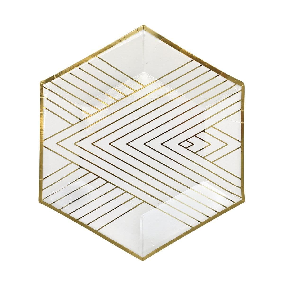 Hexagon Plates 7'' - White And Gold - 8/Pk | Party Expert