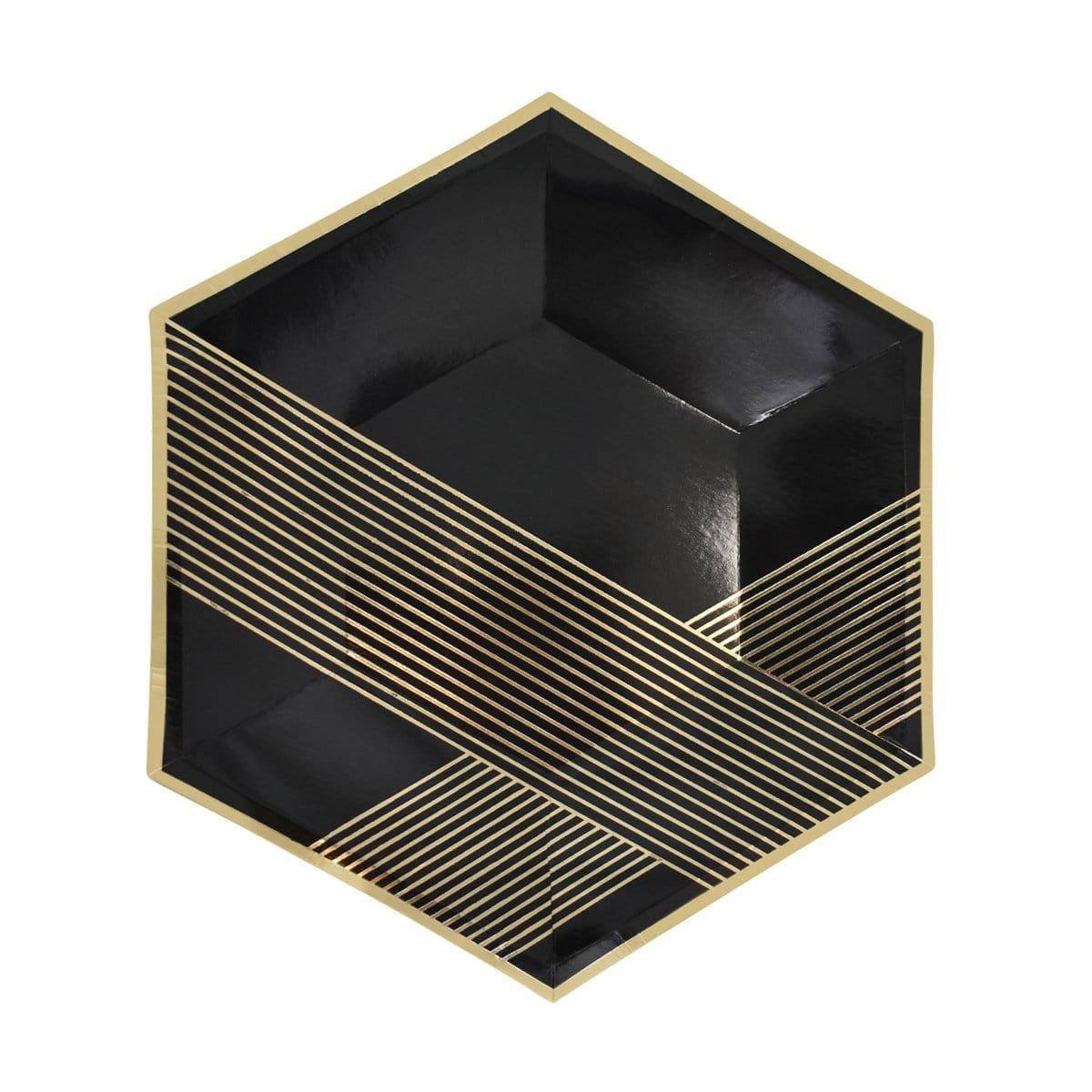 Hexagon Plates 9'' - Black & Gold - 8/Pk | Party Expert