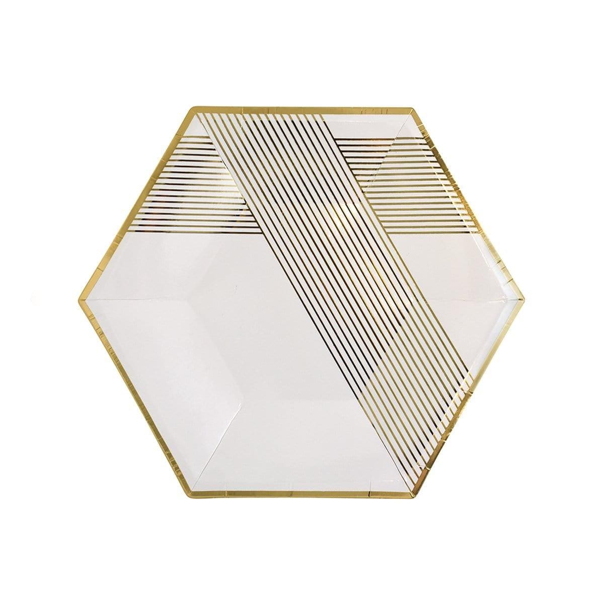 Hexagon Plates 9'' - White And Gold - 8/Pk | Party Expert
